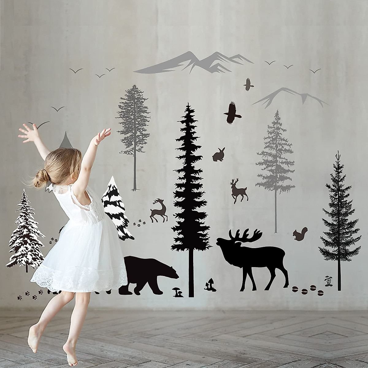 Woodland Nursery Decor Tree Wall Decals Mountain Forest Animal Bear Deer Wall Stickers Forest Wall Mural Sticker Removable Wall Decals for Kids' Room Bedroom Nursery Living Room