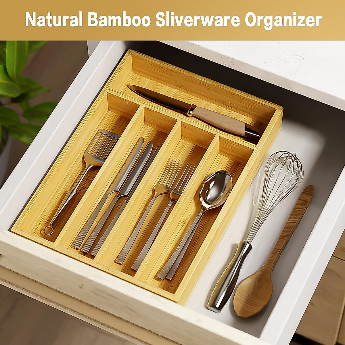 WEBACOO Bamboo Kitchen Drawer Organizer - Silverware Organizer for Kitchen Drawers - Utensil Tray and Flatware Storage for Kitchen - Flatware Organizer - Cutlery Tray with Adjustable Dividers