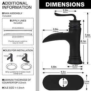 M OUDEMEI Solid Brass Waterfall Spout Bathroom Sink Faucet, Single Handle Lavatory Faucet with Deck Plate for 1 OR 3 Hole, 4 Inch Centerset Vanity Faucet (with Drain, Matte Black)