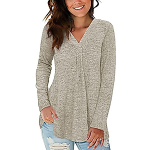 iGENJUN Long Sleeve V Neck Tunic Sweatshirts for Women T Shirts Solid Classic Loose Fit Tops 2023 Fall Fashion Trendy Outfits,Khaki,XL
