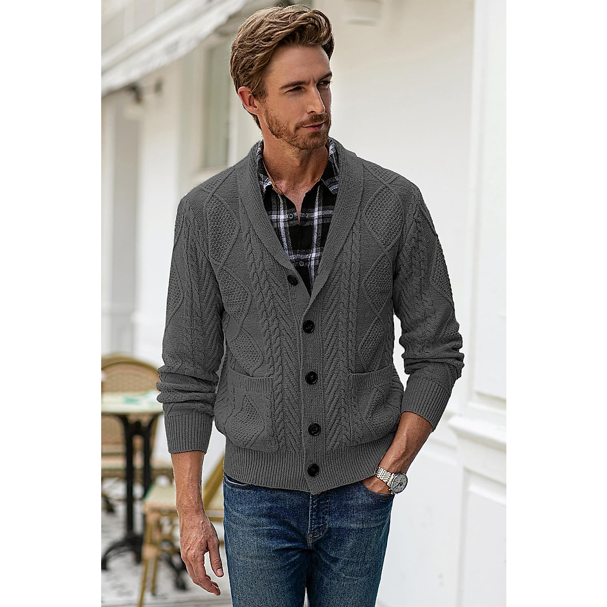 JMIERR Mens Cardigan Sweater Fall Casual Long Sleeve Shawl Collar Button-Up Cable Knit Sweaters with Pockets for Men,US 40(M),Dark Grey