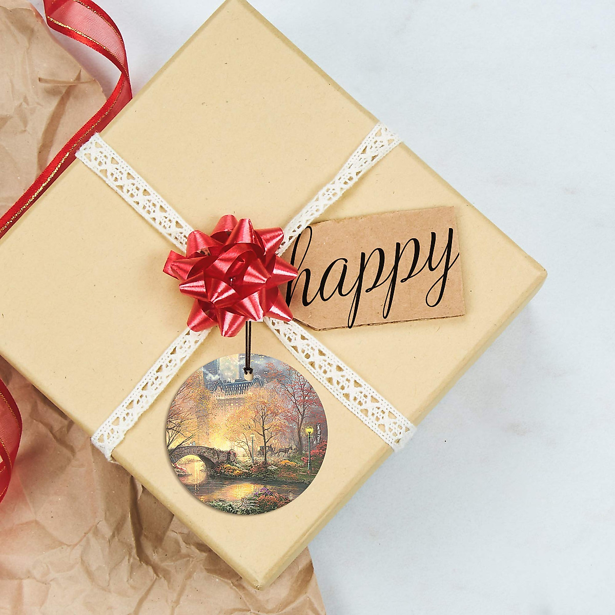 Trend Setters Thomas Kinkade - Central Park in The Fall - 3.5" Starfire Prints Hanging Glass Print Accessory - Ideal Decoration for Gifting and Collecting