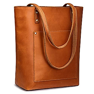S-ZONE Women Vintage Genuine Leather Tote Bag Large Shoulder Purse Work Handbag (Cognac)