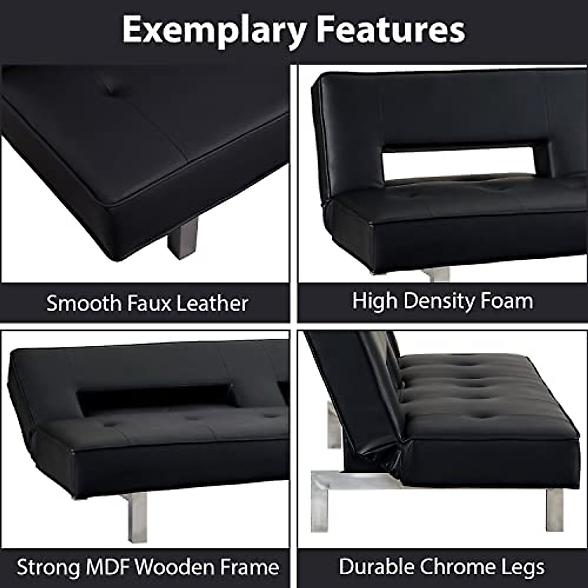 Astrid Futon Sofa Bed Faux Leather Futon Couch Modern Convertible Folding Sofa/Bed Couch with Chrome Legs Reclining Mini Coach Leather Futons Small Couch for Bedroom Living Rooms, Office - Black