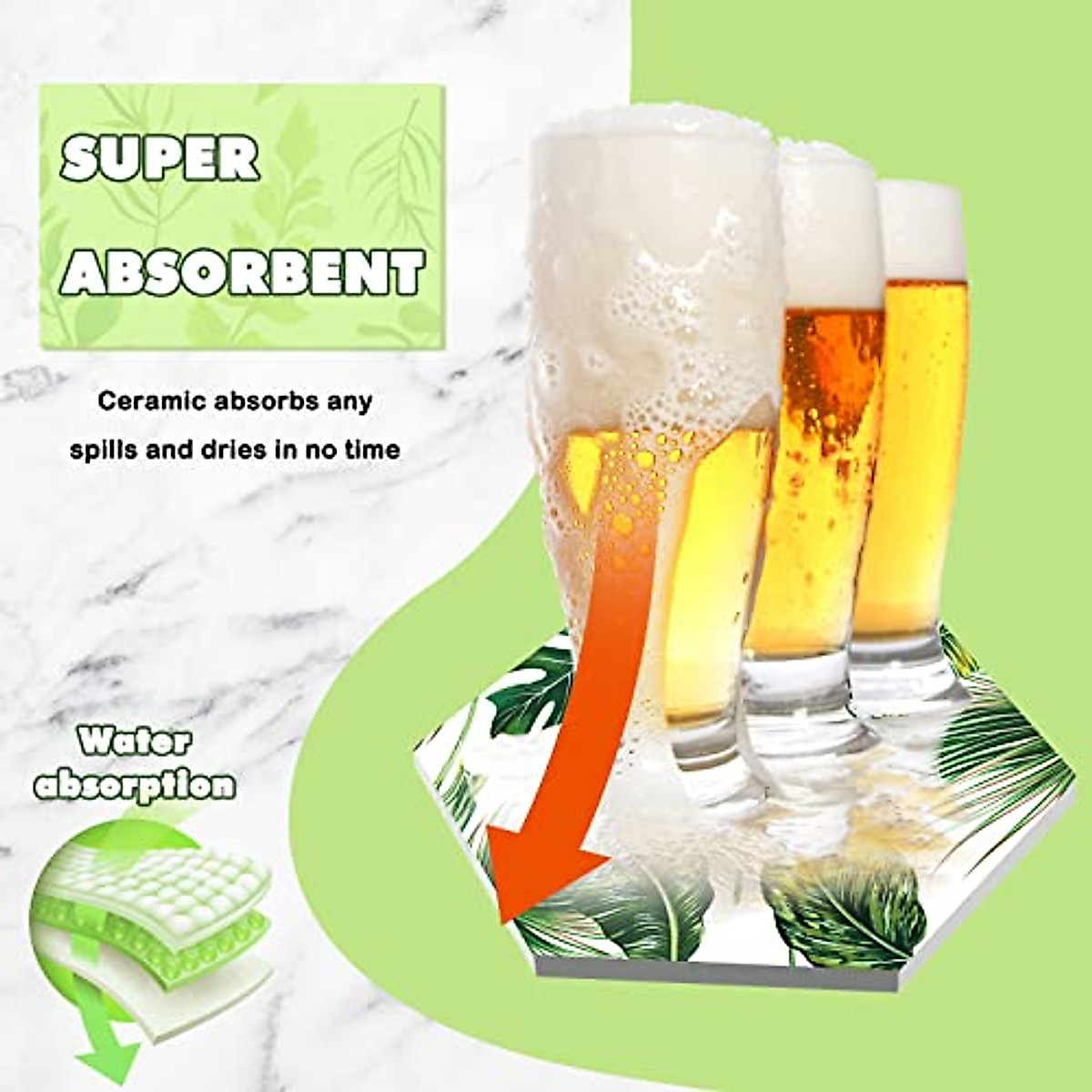 6 Pcs Plant Coasters with Holder Gold Absorbent, Drink Coasters Hexagon Farmhouse Ceramic Table Coaster Set Cute Coasters, Decorative Bar Wine Coasters Coffee Cup Coasters, Greenery Leaves Design