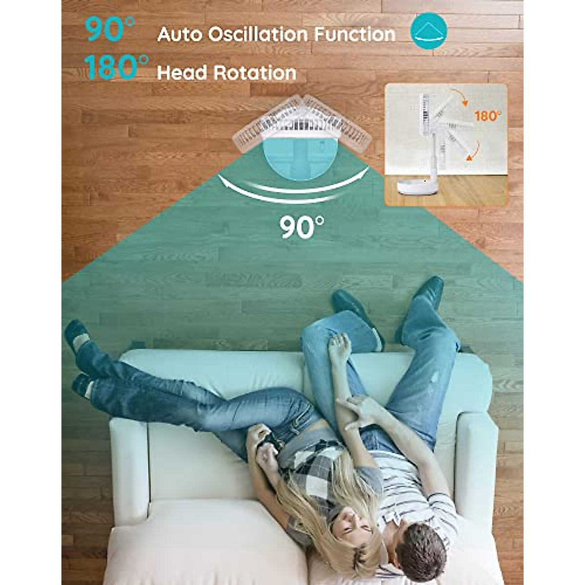 Primevolve Portable Oscillating Standing Fan,Rechargeable Battery Operated USB Floor Table Desk Fan with Remote, 4 Speed Settings Pedestal Fans for Bedroom Office Camping Fishing Travel White 7.7"