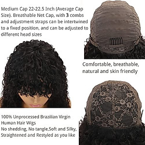 Acantam 150% Density Curly Wig with Bangs Grade 10A Virgin Human Hair Wig for Black Women Curly Human Hair Wig Glueless None Lace Front Wig Natural Black Color(16 Inch)