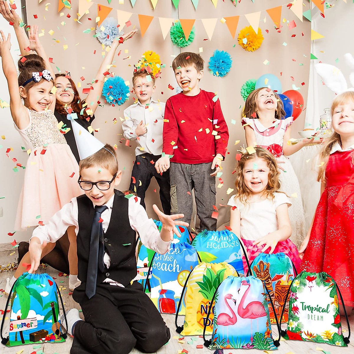 Woanger 16 Pack Hawaii Themed Party Drawstring Bags Aloha Party Drawstring Pouch Tiki Pineapple Hawaiian Party Gift Bags with Drawstring Aloha Gift Bag for Birthdays, Bridal Shower, Samples, Events