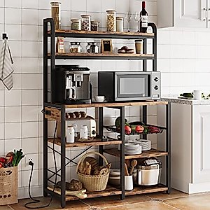 IDEALHOUSE Bakers Rack with Power Outlet, Coffee Bar with Wire Drawer, Industrial Microwave Stand, Kitchen Buffet Table with Large Storage, 6-Tier Kitchen Storage Rack with Hutch, Rustic Brown
