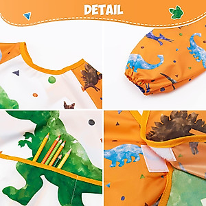 Dinosaur Art Smock - Kids Aprons for Boys ages 3-8 Waterproof Toddler Art Smock Painting Toddler Apron for Girls with Long Sleeve 3 Pockets Toddlers Painting Eating Cooking Baking Gardening Apron