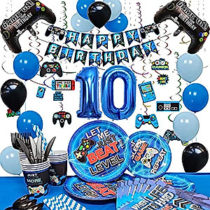 Vlipoeasn 10th Birthday Video Game Supplies Blue 10th Birthday Decorations for Boys, Disposable Paper Plates, Napkins, Cups, Tablecloth, Hanging Swirls and Happy Birthday Banner for 16 Guests