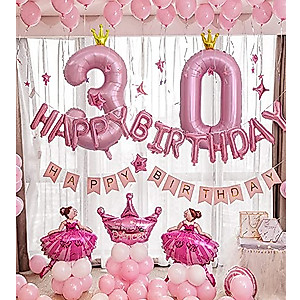 KEYYOOMY 40 in Big Number 30 Mylar Balloons with Crown (Number 30, 40 in, Pink Color)