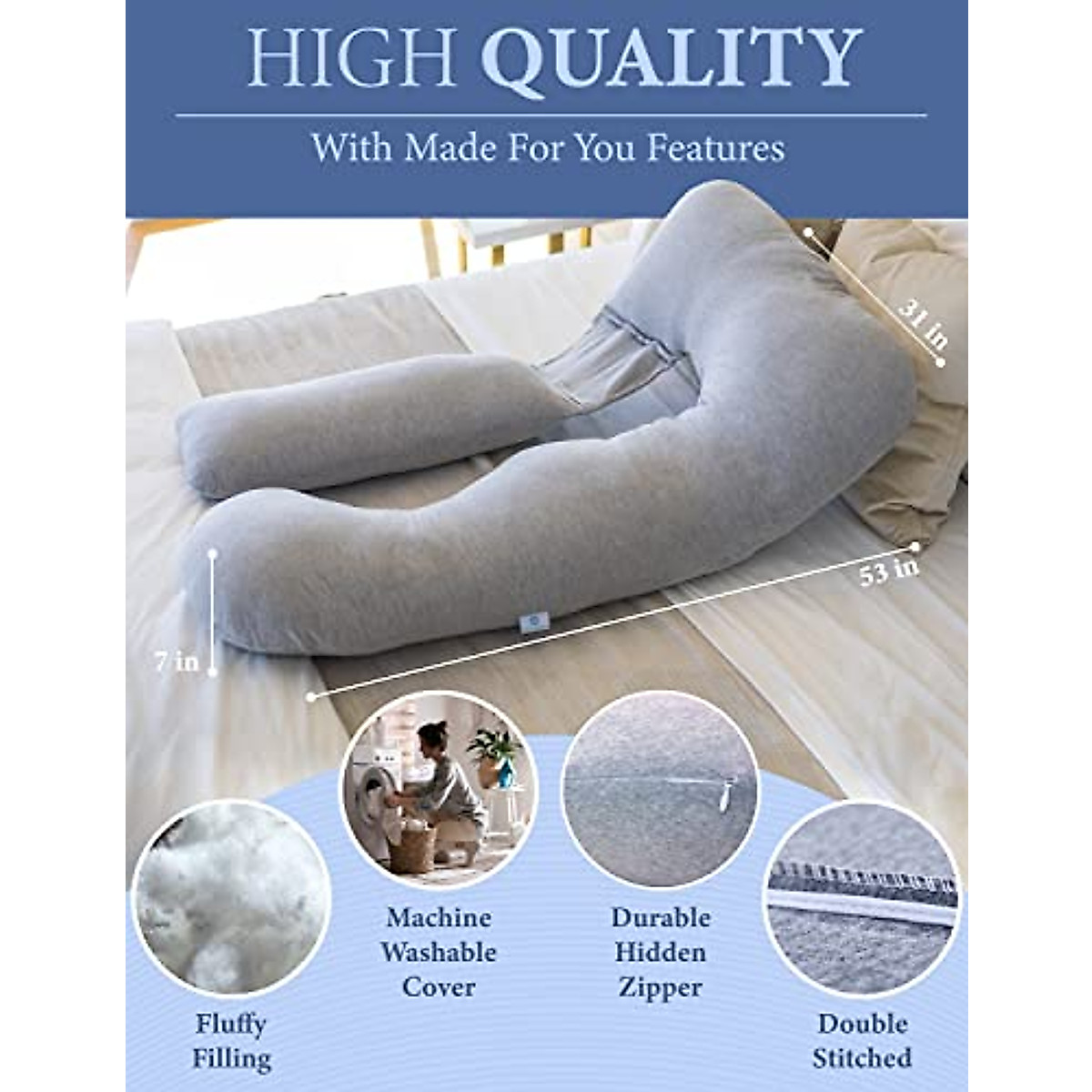 Pharmedoc Pregnancy Pillows, U-Shape Full Body Pillow -Removable Jersey Cotton Cover - Grey - Pregnancy Pillows for Sleeping - Body Pillows for Adults, Maternity Pillow and Pregnancy Must Haves