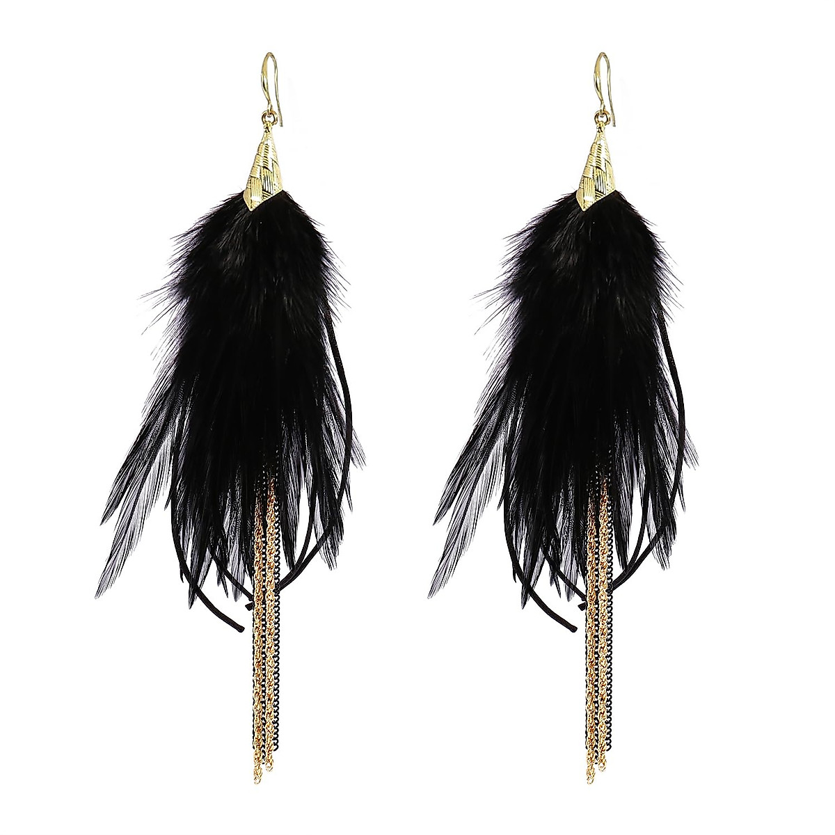 Badu Black Earrings Long Tassel Feather Gold Drop Jewelry Holiday Gift Handmade Jewelry Accessories (Gold Black)