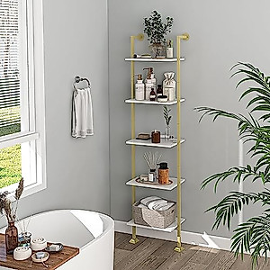 Axeman 5-Tier Ladder Bookcase, Tall Narrow Bookshelf for Small Spaces, Modern Book Storage Organizer Case Open Shelves for Bedroom, Living Room, Office, Library, Gold Metal Frame and White Shelf