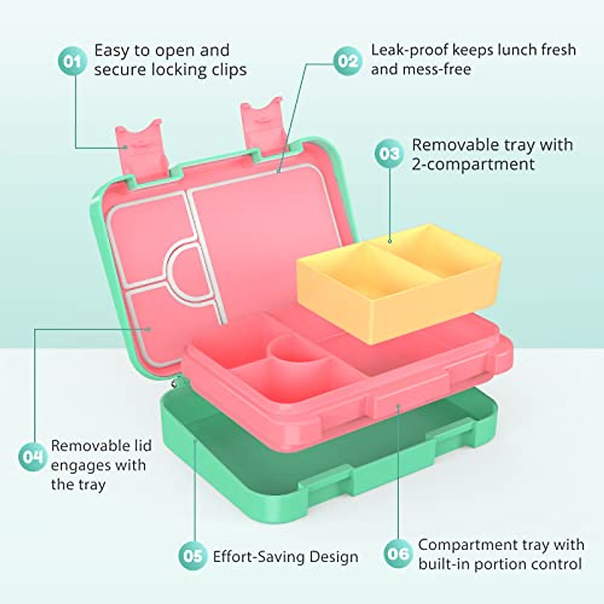 Caperci Mermaid Kids Bento Lunch Box - Leakproof 6-Compartment Children's Lunch Container with Removable Compartment - Ideal Portions for Ages 3 to 7, BPA-Free Materials