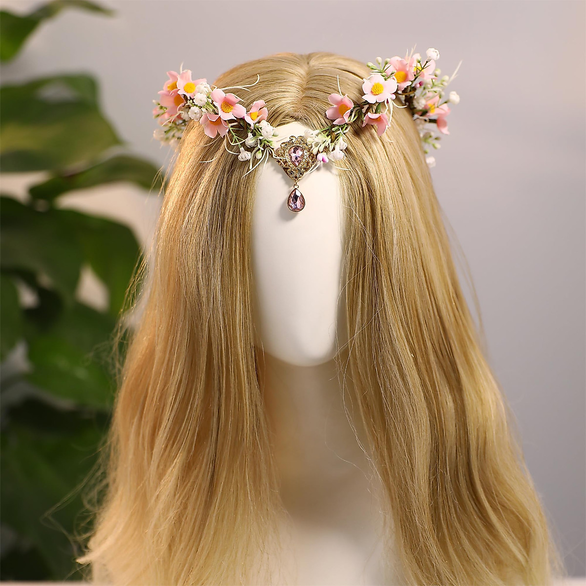 MOSTORY Pink Flower Elf Crown - Handmade Woodland Fairy Headpiece Forest Floral Headband with Crystal Elven Flower Circlet for Women Girls Cosplay Renaissance Mardi Gras