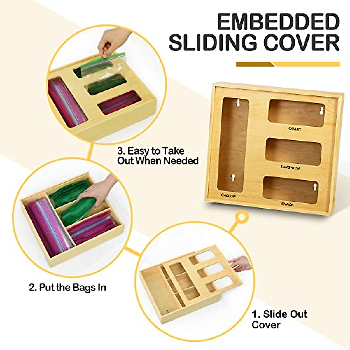 pentaQ Ziplock Bag Organizer, Food Plastic Storage Bag Holder for Kitchen Drawer, Wall Mountable Kitchen Organization and Storage for Gallon, Quart, Sandwich and Snack Variety Size Bag (Natural)