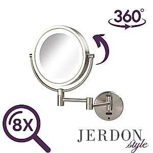 JERDON Sharper Image Wall-Mounted Lighted Sensor Makeup Mirror - Two-Sided Makeup Mirror with 8X Magnification & Swivel Design - 8.5-Inch Diameter Mirror in Nickel Finish - Model JRT9500NL