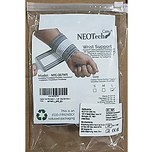 NeoTech Care Wrist Band - Adjustable Compression Strap - Elastic & Breathable Fabric - Support Sleeve for Tennis, Sports, Exercise - Men, Women, Right or Left - Grey Color (Size M, 1 Pair)