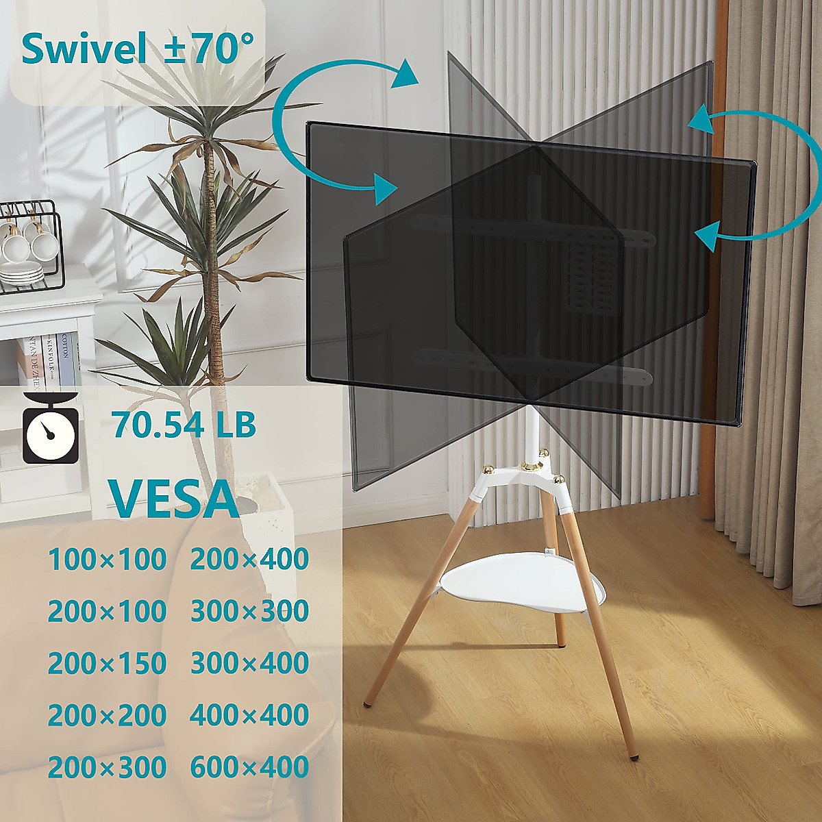 Fydeamer Universal Tripod Easel TV Stand for 32-65 inch LED LCD Screen Flat Curved Screen, Height Adjustable Studio TV Display Stand with 140° Swivel for Bedroom, Living Room, Corner TV Stand (White)