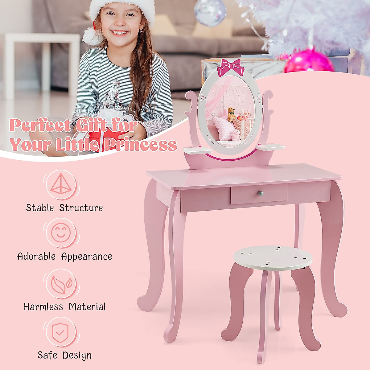 KOTEK 2-in-1 Kids Vanity with Detachable Top & 360° Rotating Mirror, Little Girls Vanity Set with Mirror, Stool and Drawer, Pink Princess Dressing Table & Chairs, Makeup Vanity Desk for Toddler 3-7