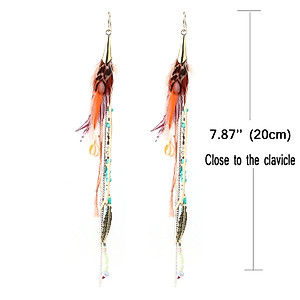 Boho Colorful Feather Feather Dangle Earrings for Women Bohemian Shell Beads Long Tassel Design Drop Earrings