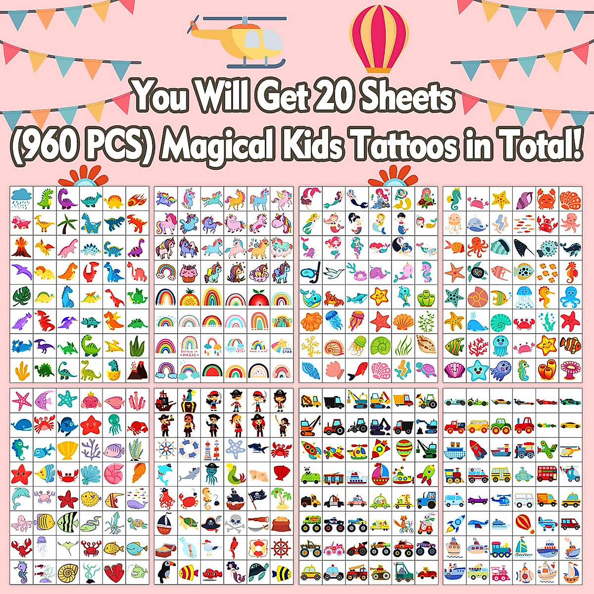 Partywind 960 PCS Individually Wrapped Tattoos for Kids Bulk, Cute Temporary Tattoo Stickers for Birthday Party Supplies Favors, Fake Tattoos for Kids Christmas Games (20 Sheets)