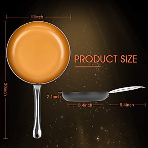 11" Skillet for Frying - Copper Nonstick Frying Pan with Lid, 100% PFOA-Free, All Stove Tops Available, Ceramic Nonstick Coating, Stainless Steel Handle, Cooking Skillet with Lid. Pan for Oven & Stove