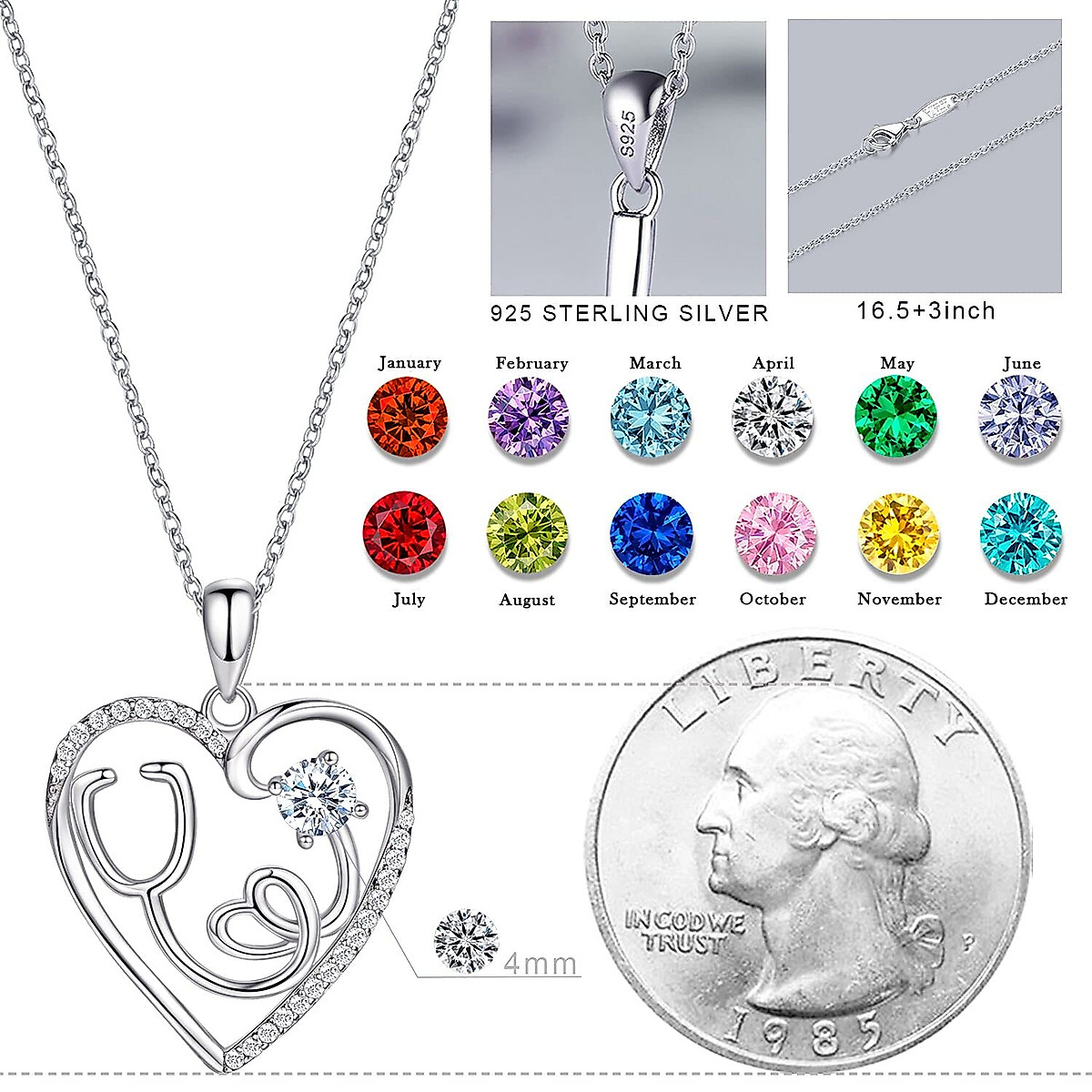 AmorAime 925 Sterling Silver Heart Necklace Nurse Necklace Stethoscope Birthstone Necklace for Doctor Medical Student for Festival, Vacation