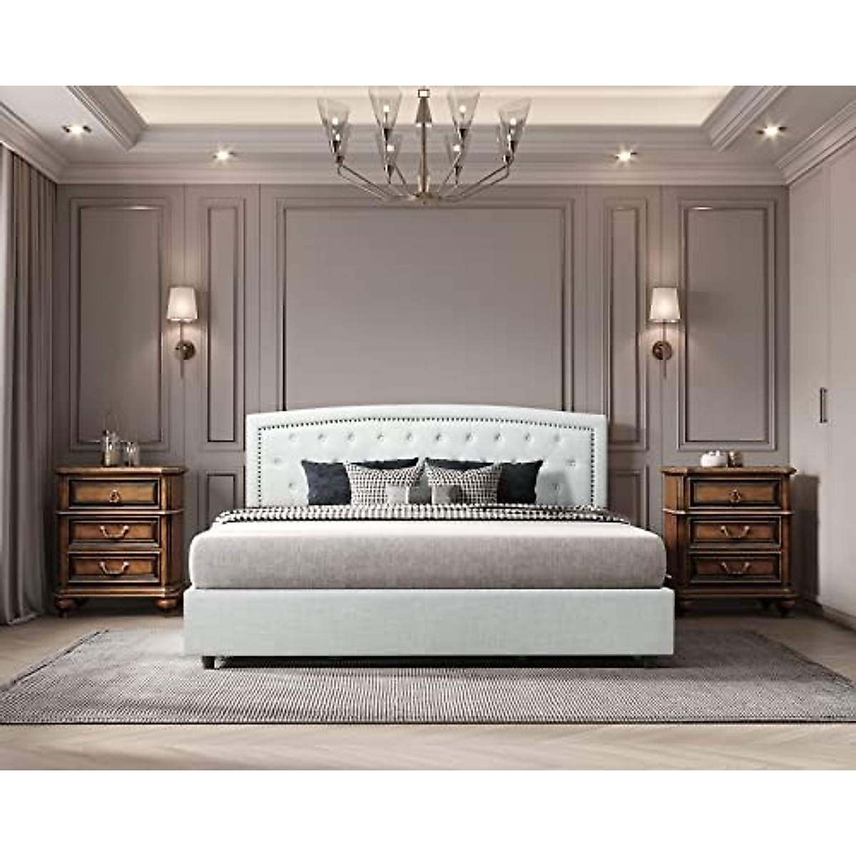 BONSOIR Queen Size Storage Bed Frame Upholstered Low Profile Traditional Platform with Tufted and Nail Headboard