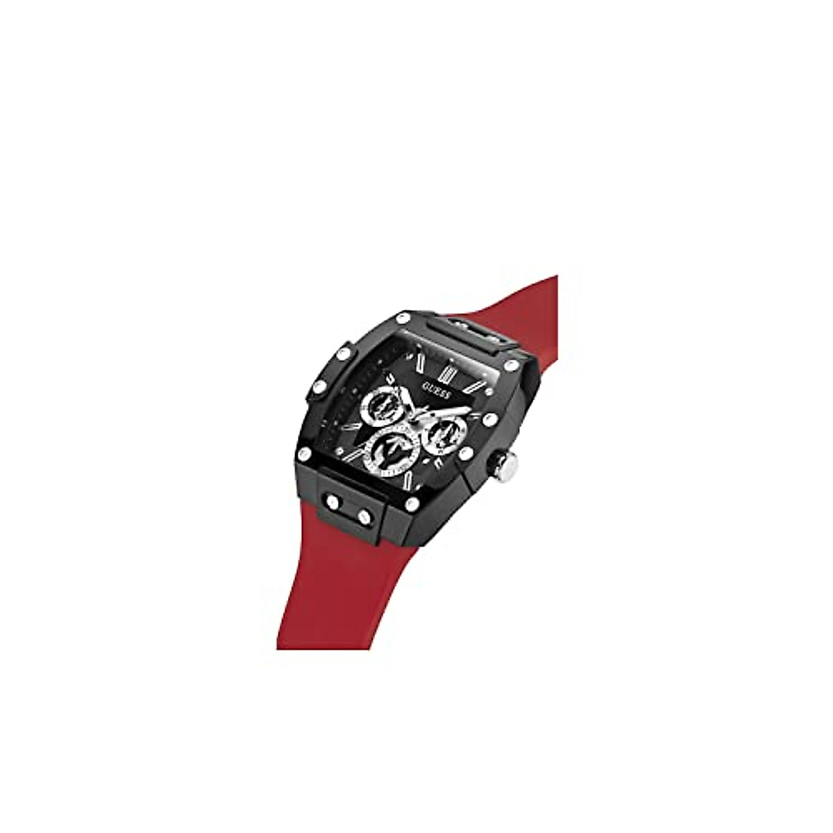 GUESS Mens Casual Multifunction 43mm Watch – Black Polycarbonate Case with Black Skeleton Dial & Red Silicone Strap