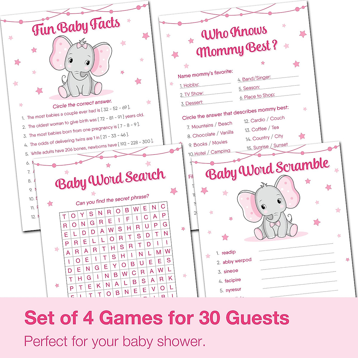 Papery Pop Baby Shower Games for Girl - Set of 4 Games for 30 Guests - Double Sided Cards - Baby Shower Supplies - Elephant