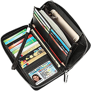 Lavemi Women's RFID Blocking 100% Leather Large Capacity Zip Around Wallet Phone Holder Clutch Travel Purse Wristlet(Large Size Pebble Black)