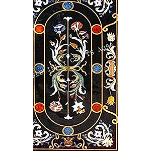 72" X 48" Inch Black Marble Coffee Table Rectangle Hand Made Inlaid With Natural Semiprecious Stones Marquetry