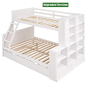 SNIFIT Upgraded Version & Stronger Solid Wood Convertible Bunk Bed Twin Over Full with Trundle & Storage Shelves, Thickened More Stable Wooden Twin Over Full Size Bunk Bed (Easier Assembly) (White)