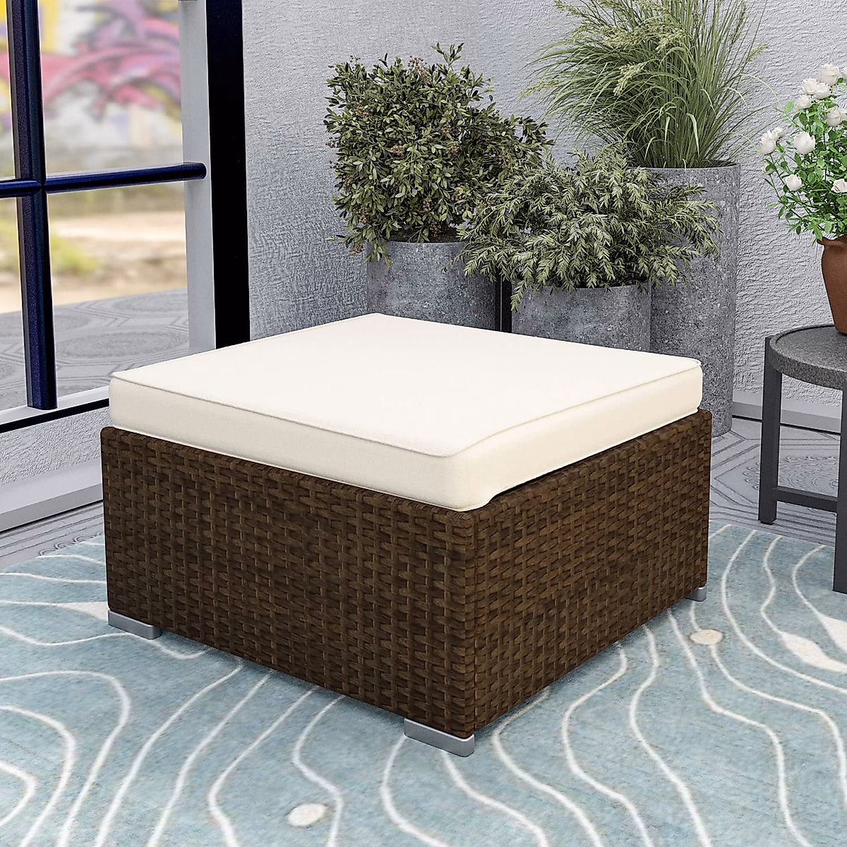 HOMPUS Outdoor Patio Furniture Wicker Ottoman w Beige Cushion for Garden, Pool, Backyard