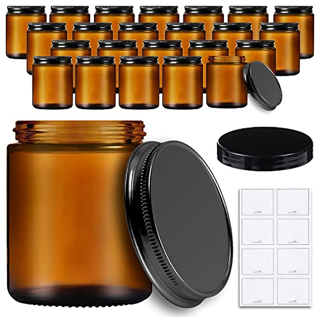PrettyCare 24 Pack 8 OZ Amber Candle Jars for Making Candles, Round Glass Jar with Lids Leakproof Containers for Food Storage, Canning Jar for Spice, Liquid, Powder, Lotions