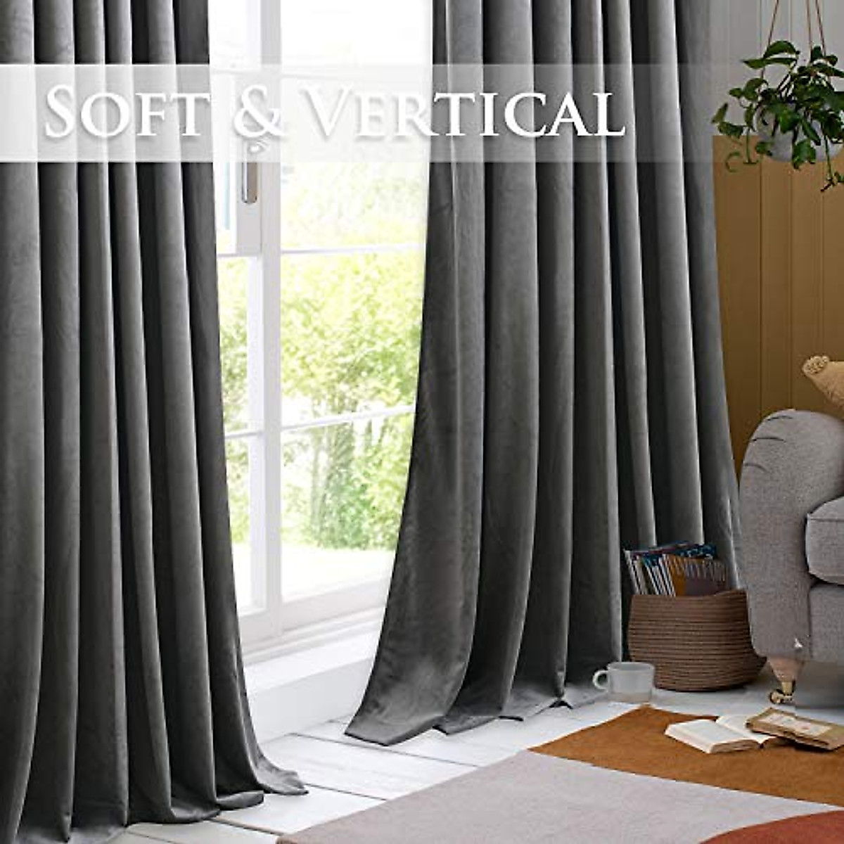 StangH Velvet Curtains 108 inches Long - Grey Blackout Room Divider Curtain Portable Backdrop Curtains Privacy Grommet Drapes for Office Loft Hall Large Window, Grey, 8 x 9 ft, 1 Panel