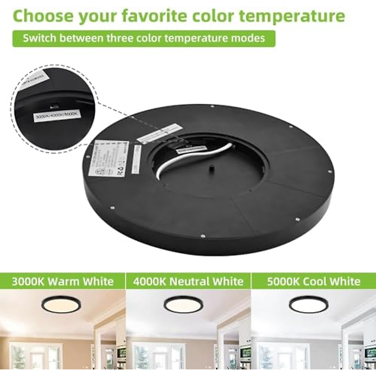 hykolity 2 Pack 12 Inch Selectable CCT LED Round Flat Panel Light, 24W, 3000K/4000K/5000K, Edge-Lit Flush Mount Ceiling Light Fixture for Kitchen, Bedroom and Closet Room, Black