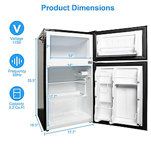 Clarfey Mini Refrigerator with Freezer, 2 Door 3.2 Cu.Ft Black Small Fridge, Compact Refrigerator with Adjustable Removable Glass Shelves, Thermostat Control for Apartment/Office/Dorm