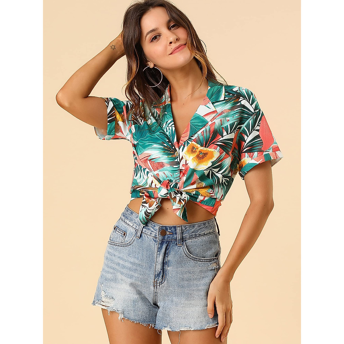 Allegra K Women's Hawaiian Shirt Floral Leaves Printed Short Sleeve Top Tropical Button Down Shirt Summer Fashion 2024 X-Small White