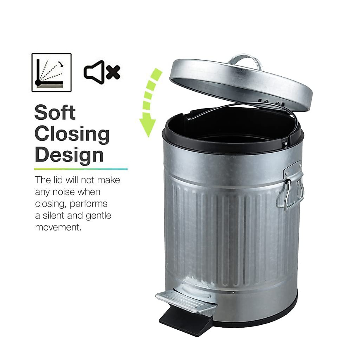 Bathroom Trash Can with Lid, Small Waste Basket for Home Bedroom, Retro Step Garbage Can with Soft Close, Vintage Office Trash Can, 5 Liter/ 1.3 Gallon, Glossy Grey