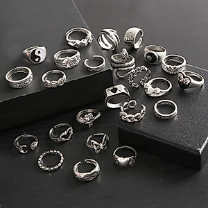 Vintage Silver Open Punk Rings for Men Women, 24PCS Adjustable Rings, Alt Rings, Chunky Silver Rings, Bulky Rings, Hippie Rings ,Cool Gothic Ring,Statement Stacking Ring, Skull Snake Star Flower Heart