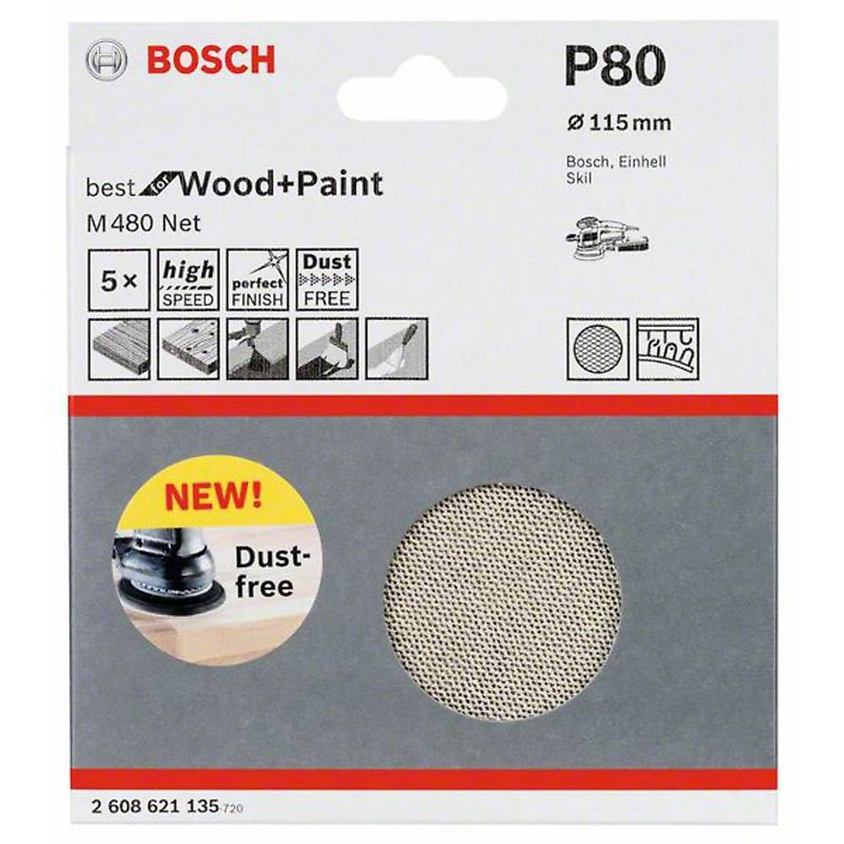 Bosch Professional 5 Pieces Sanding sheet M480 Best for Wood and Paint (wood and paint, Ø 115 mm, grit P80, accessories orbital sander)