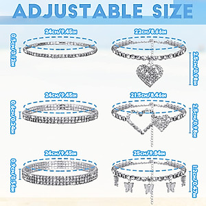 Laumoi 6 Pcs Ankle Bracelets for Women Christmas Rhinestone Stretch Anklet Heart Ankle Bracelets Anklet Jewelry Crystal Foot Chain(Silver, Heart Style)