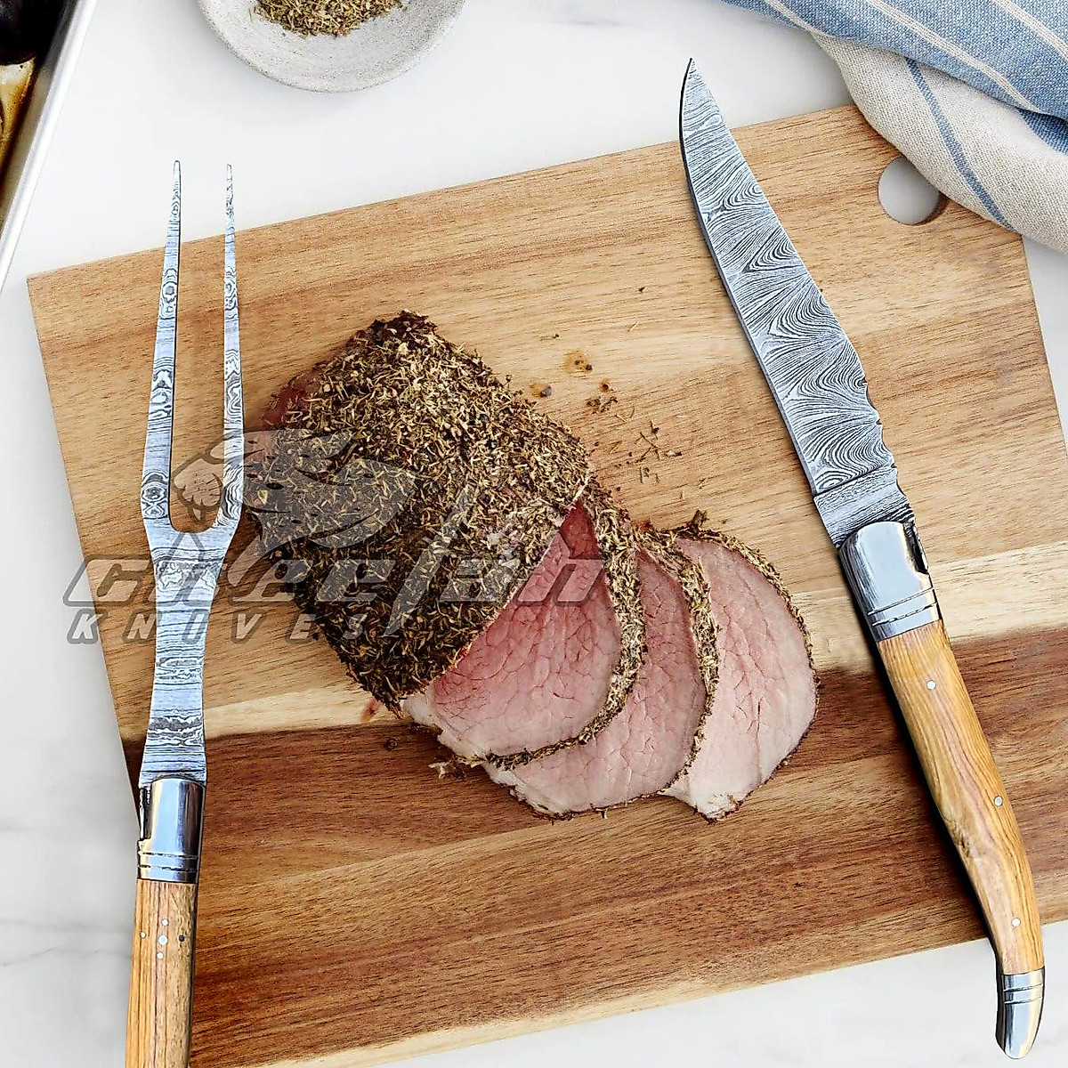 Cheetah Knives Damascus Carving Knife Set with Sheaths, Set of 2 with 12.5" Carving Fork & 12.5" Slicing Knife for Meat Cutting,Turkey,BBQ & Brisket, Made with Natural Olive Wood Handle