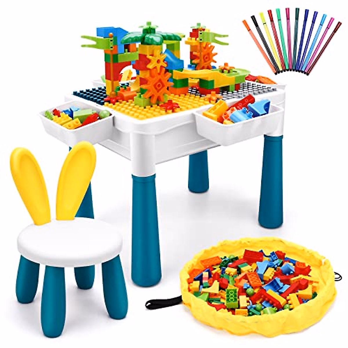 ROGALALY Kids Activity Table Set, All-in-One Multi Activity Table with Storage, 105pcs Building Blocks Table Compatible with Classic Bricks, Craft Learn Play Water Sand Table for Boys Girls