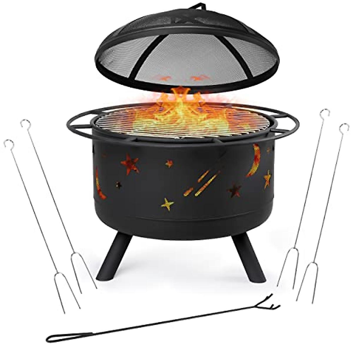 BIRDROCK HOME 30" Round Patio Fire Pit with Cover - Stars & Moon Pattern - 30 - Outdoor Backyard Lawn Garden - Light Weight Metal Fire Ring - 4 Roasting Sticks - Lid Lift Tool and Fire Poker