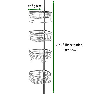 mDesign Metal Bathroom Shower Storage Constant Tension Pole Caddy - Adjustable Height - 4 Positionable Baskets - for Organizing and Containing Hand Soap, Body Wash, Wash Cloths, Razors - Chrome